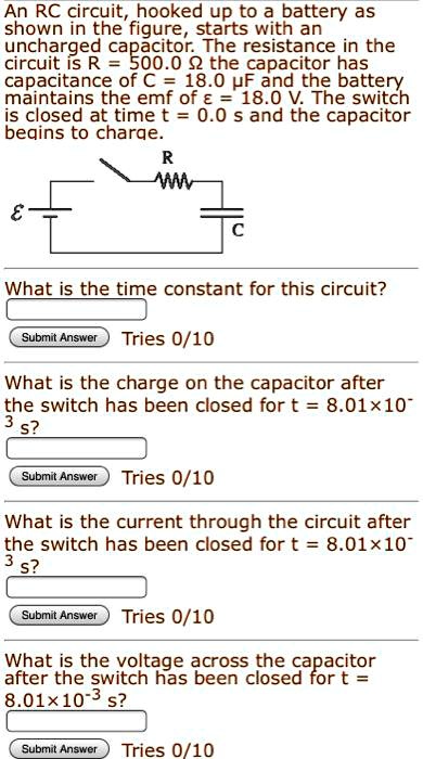 SOLVED: An RC circuit, hooked up to a battery as shown in the figure, starts with an uncharged ...