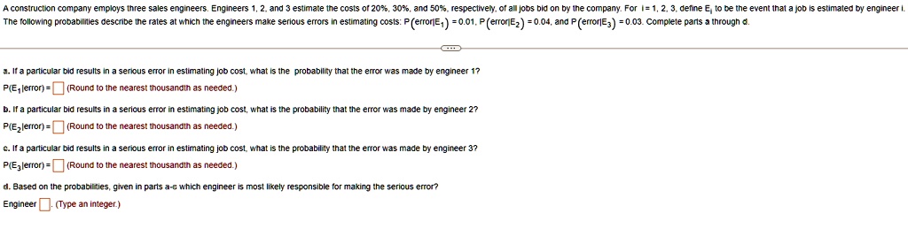 A construction company employs three sales engineers. Engineers 1, 2 ...