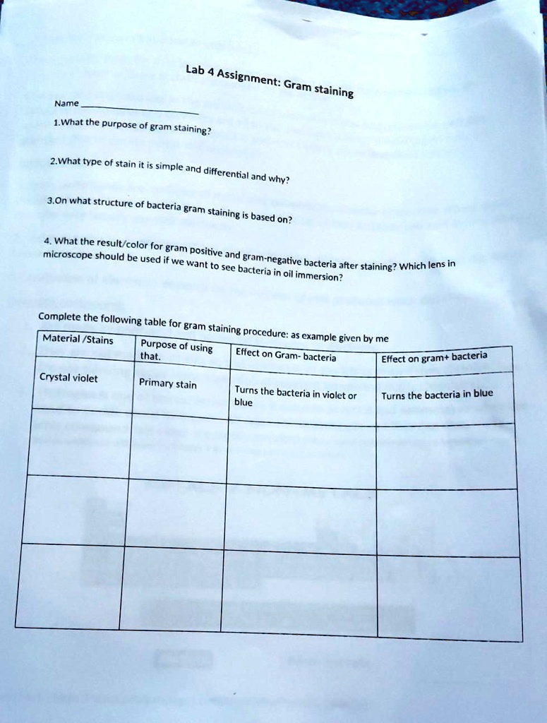 SOLVED: Lab 4 Assignment: Gram staining Name What the purpose of gram staining? 2What type of ...