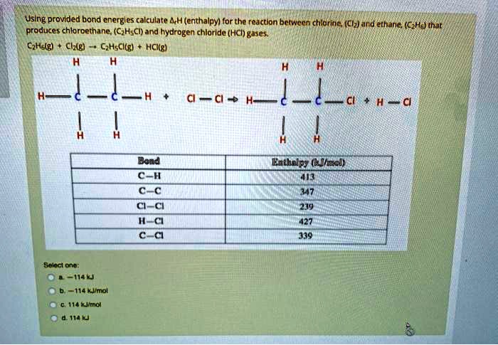 SOLVED: Using provided bond energies, calculate Î”H (enthalpy) for the ...