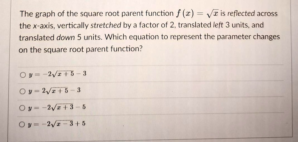The graph of the square root parent function f(x) = √(x) is reflected ...