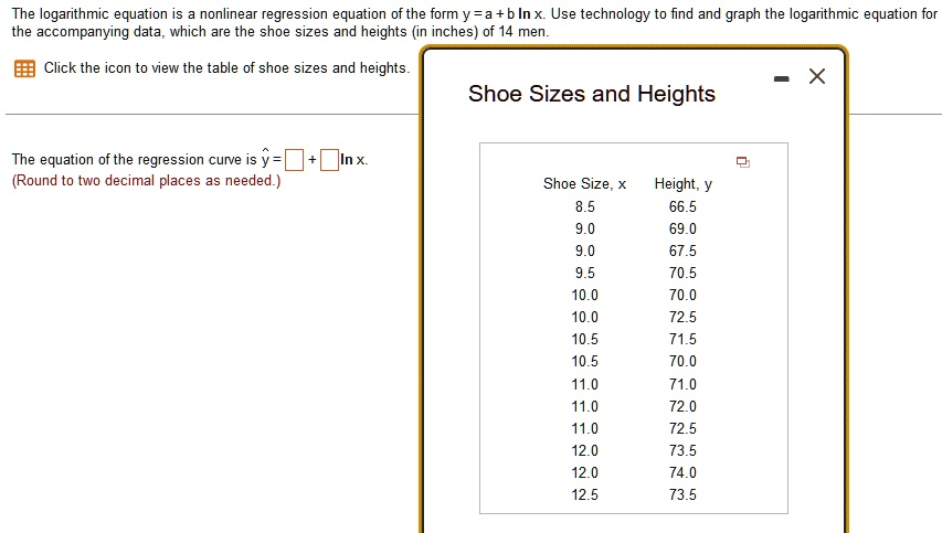 SOLVED: The accompanying data consists of the shoe sizes and heights ...