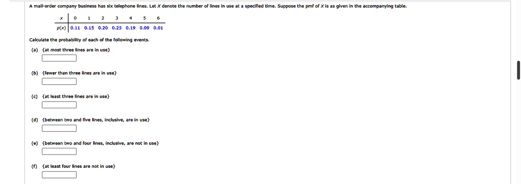 SOLVED: A mail-order company business has six telephone lines. Let X ...