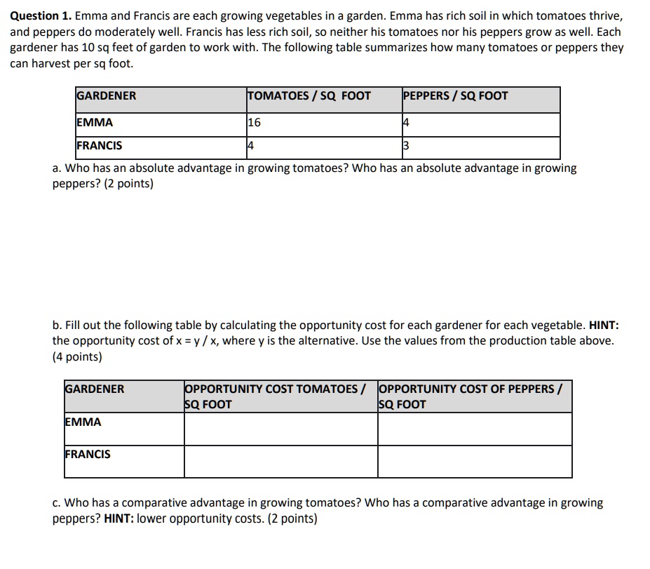 question 1 emma and francis are each growing vegetables in a garden ...