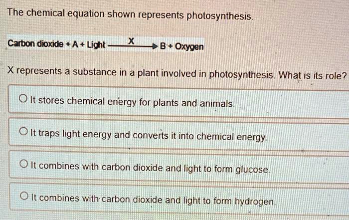 The chemical equation shown represents photosynthesis. Carbon dioxide + A + Light X B + Oxygen X ...