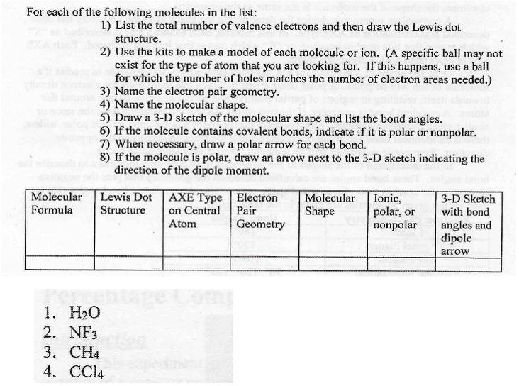 Solved For Cach Of The Following Molecules In The List 1 List The Total Number Of Valence