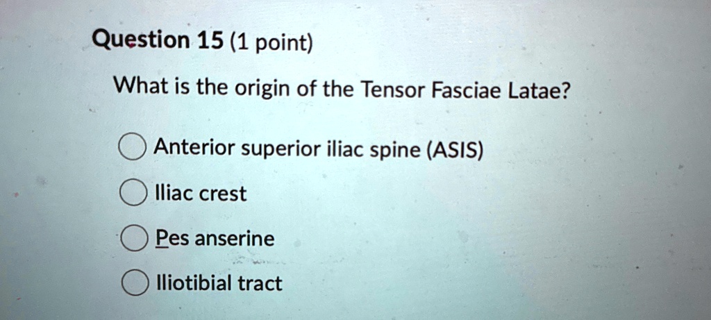 Question 15 (1 point) What is the origin of the Tensor Fasciae Latae ...