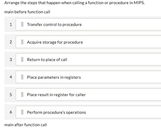 Arrange the steps that happen when calling a function or procedure in MIPS. main before function ...