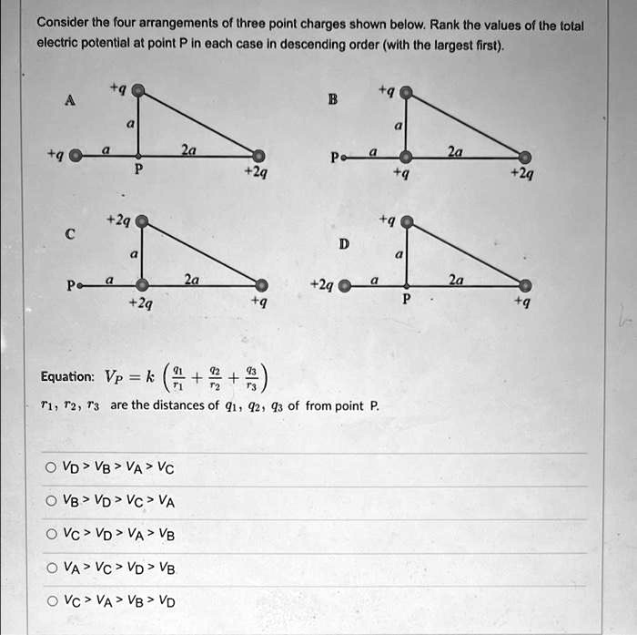 SOLVED: Consider the four arrangements of three point charges shown below. Rank the values of ...