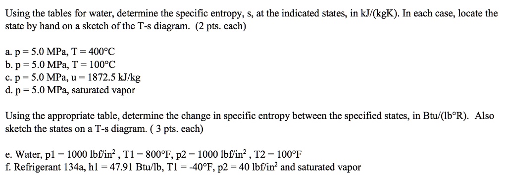 Using the tables for water, determine the specific entropy, s, at the ...