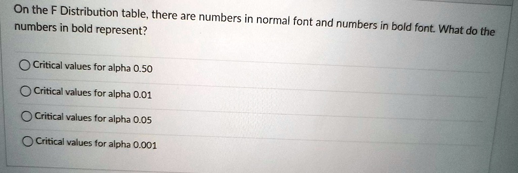 On the F Distribution table, there are numbers in normal font and ...