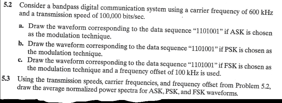 SOLVED: 5.2 Consider a bandpass digital communication system using a carrier frequency of 600 ...