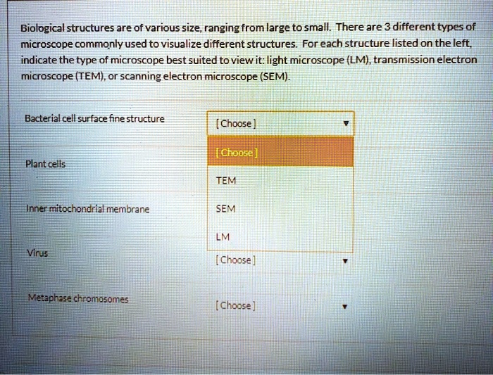 SOLVED: Biological structures are of various sizes, ranging from large to small. There are three ...