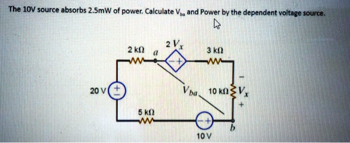 The 10V source absorbs 2.5mW of power. Calculate Vba and Power by the ...