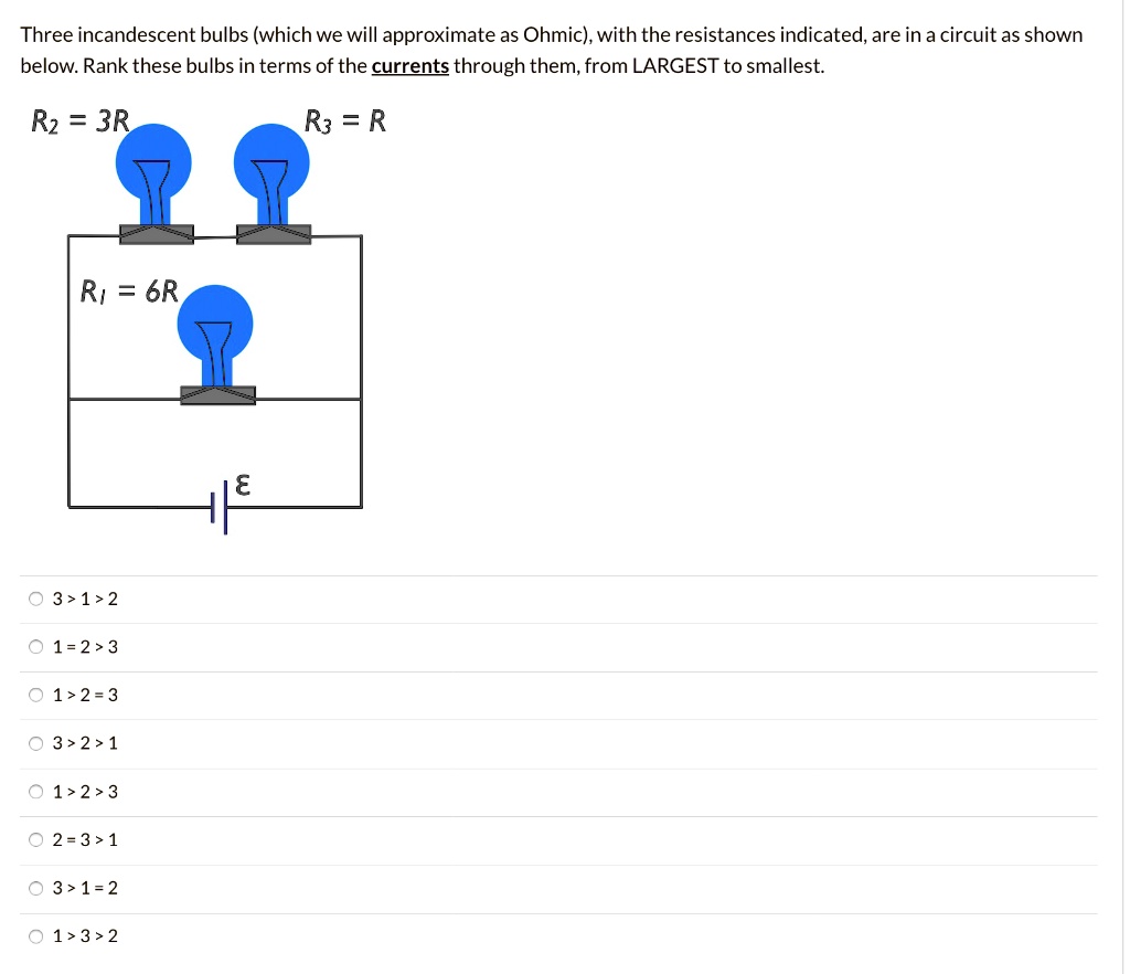 Three incandescent bulbs (which we will approximate as Ohmic), with the ...