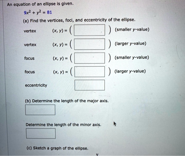 SOLVED: An equation of an ellipse is given 9x2 + y2 = 81 (a) Find the ...