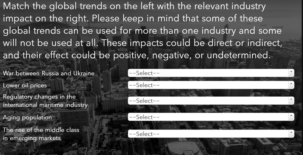 Match the global trends on the left with the relevant...