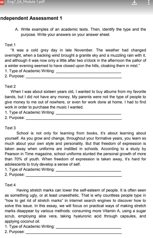 SOLVED: ndependent Assessment 1 A. Write examples of an academic texts ...