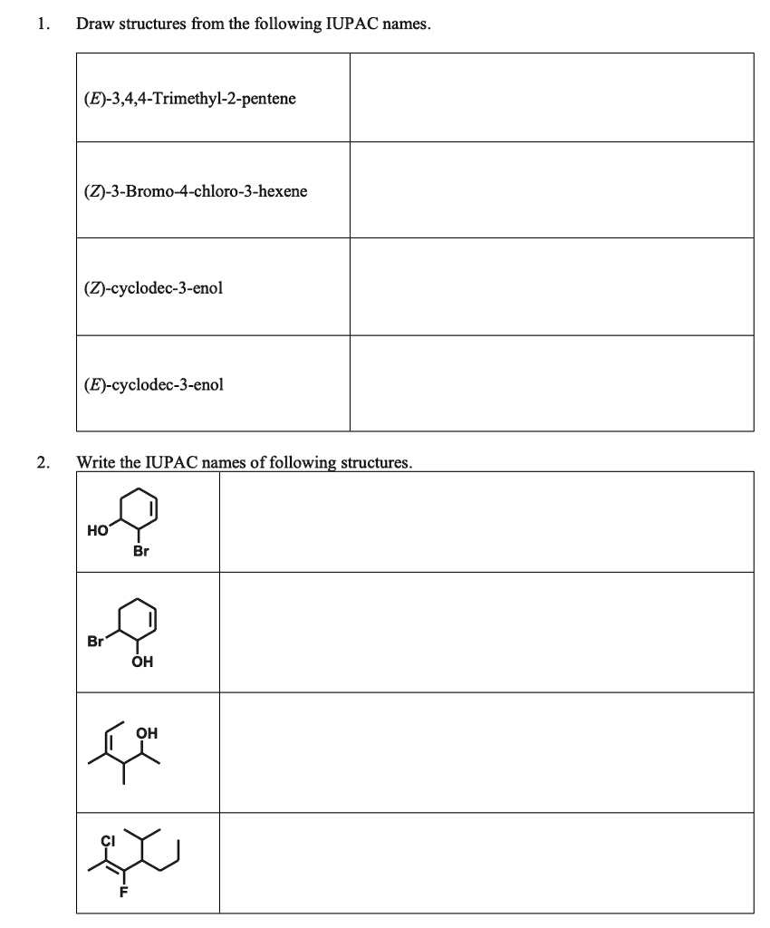SOLVED: Draw structures from the following IUPAC names. (E)-3,4,4-Trimethyl-2-pentene 2)-3-Bromo ...
