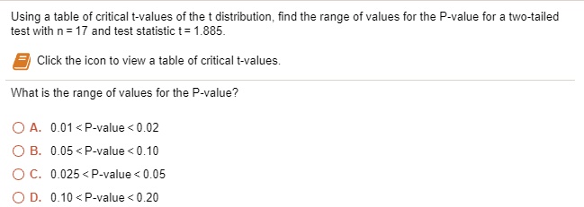 SOLVED:Using table of critical t-values of the distribution, find the range of values for the P ...