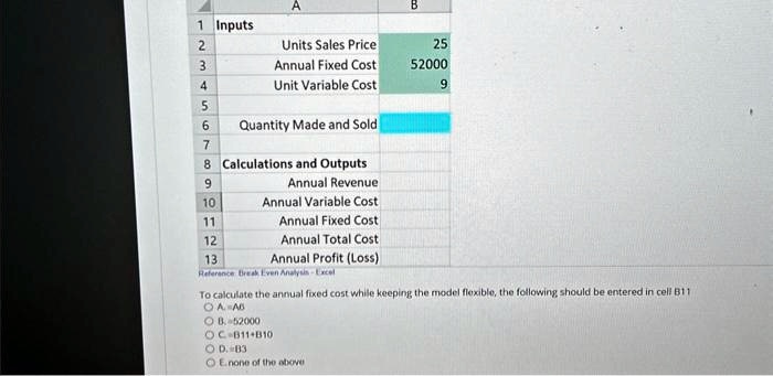 SOLVED: Texts: A B 1 Inputs 2 Units Sales Price 25 3 Annual Fixed Cost ...