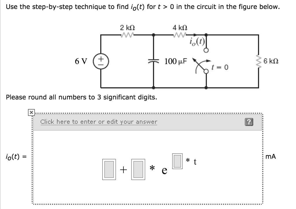 Use the step-by-step technique to find io(t) for t > 0 in the circuit in the figure below. 2 kΩ ...