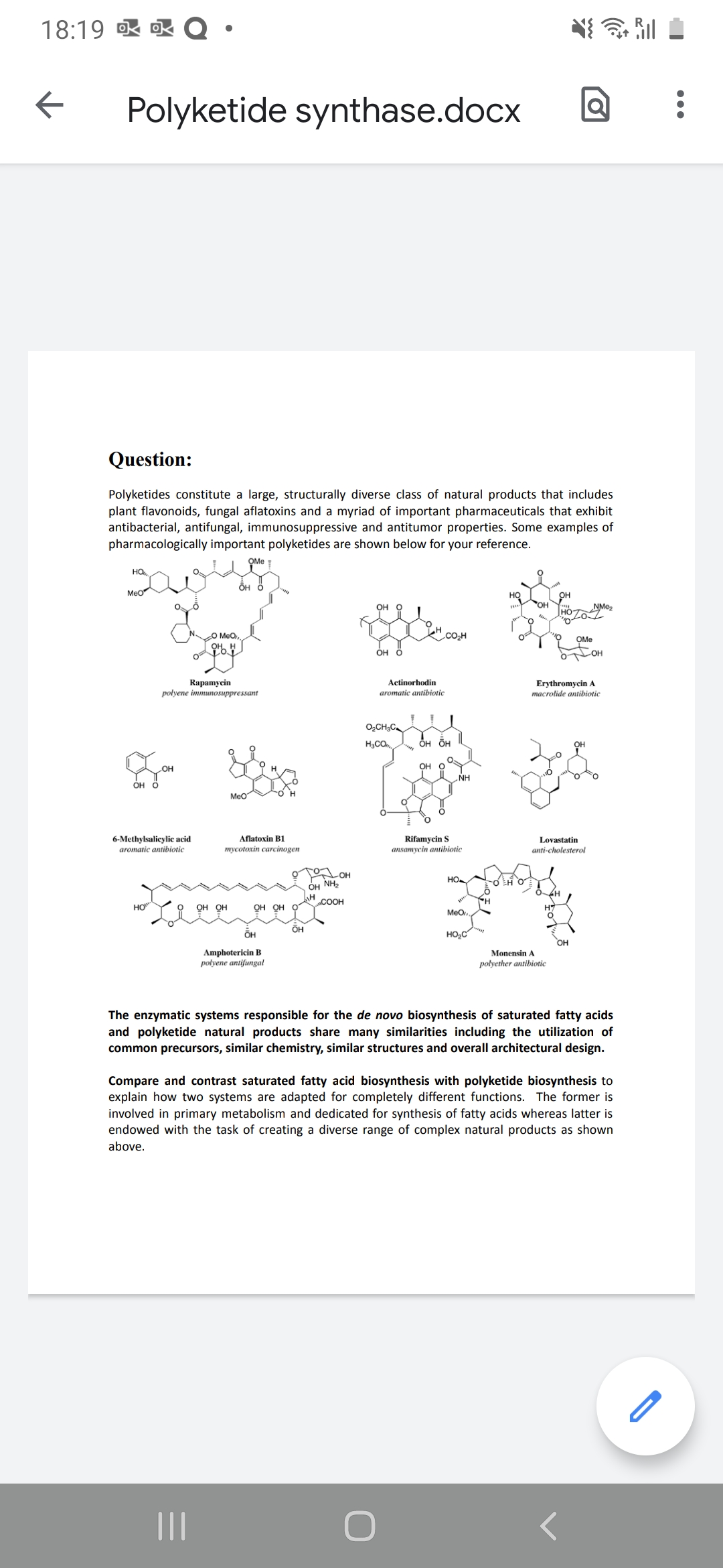 SOLVED: 18: 19 ? ? 𝐐 ⋆} ??? ← Polyketide synthase.docx Q : Question ...