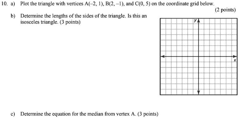 SOLVED: 10. Plot the triangle with vertices A(-2, 1), B(2, 1), and C(O, on the coordinate grid ...