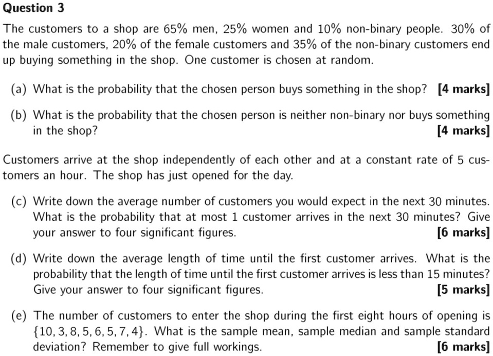 Question 3 The customers to a shop are 65% men, 25% women...