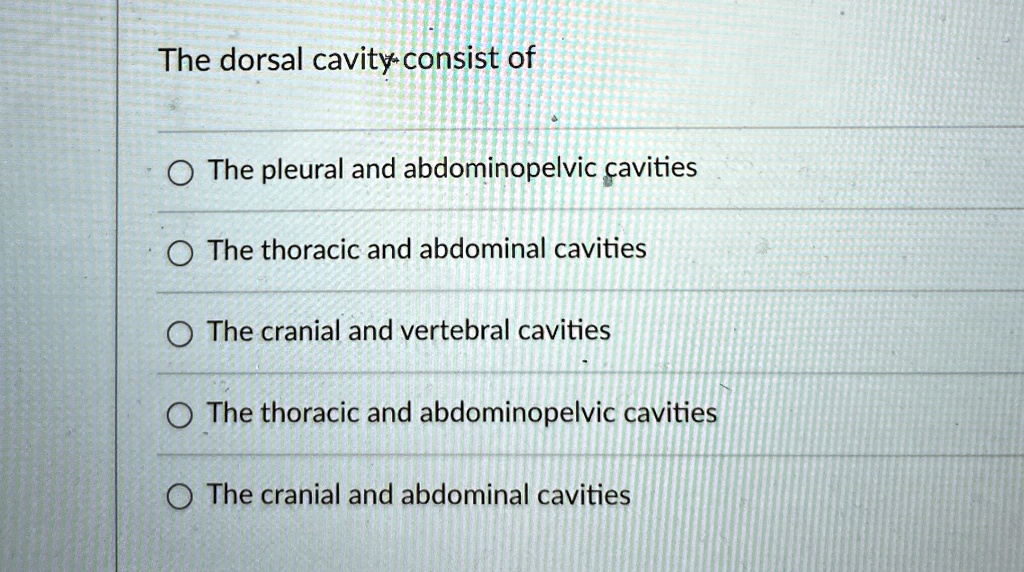 The dorsal cavity consist of The pleural and abdominopelvic cavities ...