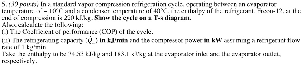 5. (30 points) In a standard vapor compression refrigeration cycle ...