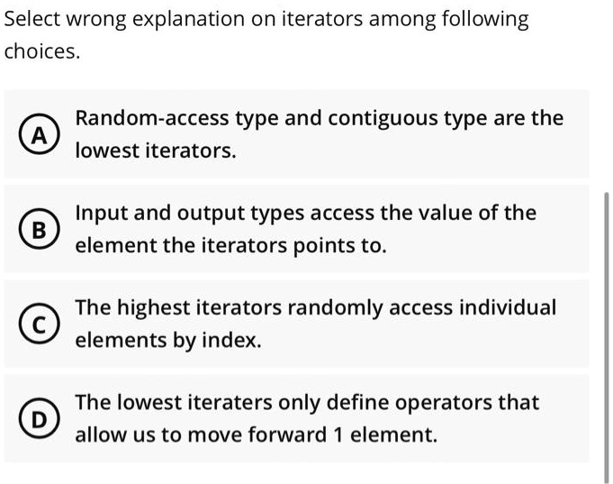 Solved Select The Incorrect Explanation On Iterators Among The Following Choices Random Access