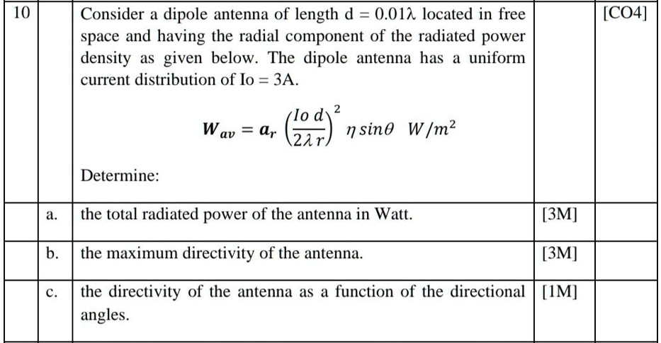 10 Consider a dipole antenna of length d = 0.01? located in free space ...