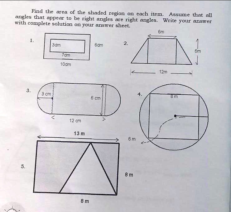 Find the area of the shaded region on each item. Assume that all angles ...