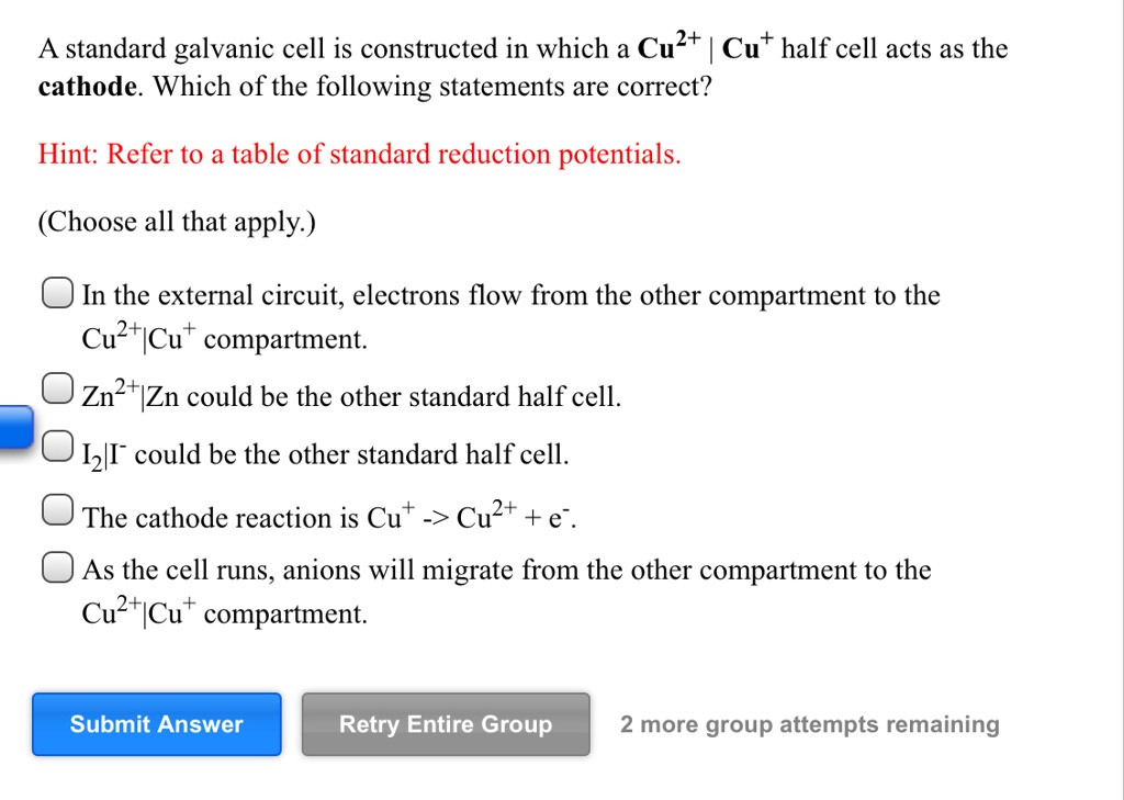 SOLVED: A standard galvanic cell is constructed in which a Cu2+ Cu half ...