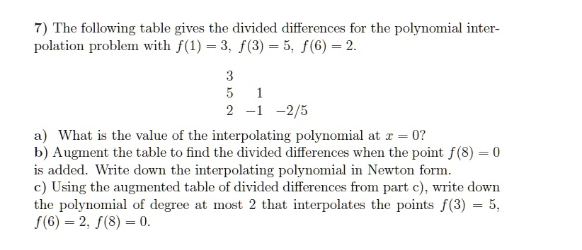 SOLVED:7) The following table gives the divided differences for the polynomial inter- polation ...