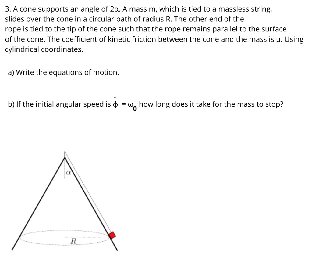 SOLVED: A cone supports an angle of 2α. A mass m, which is attached to ...