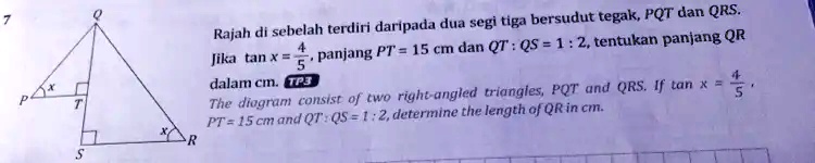SOLVED: Two right-angled triangles, PQT and QRS, are shown in the diagram. If PT = 15 cm and QT ...