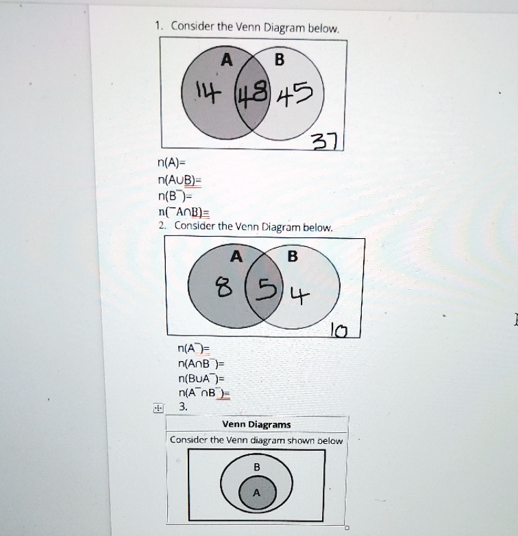 SOLVED: Sets and Venn Diagrams Consider the Venn Diagram below: A B |A âˆ© B| = |A| + |B| 31 n(A ...