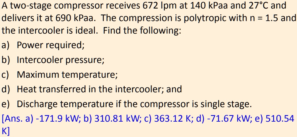 SOLVED: A two-stage compressor receives 672 Ipm at 140 kPa and 27Â°C ...