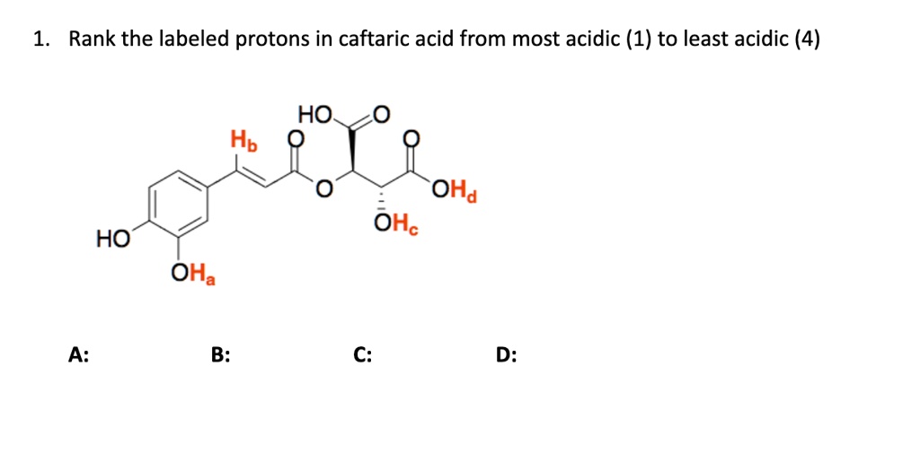 1. Rank the labeled protons in caftaric acid from most acidic (1) to least acidic (4)