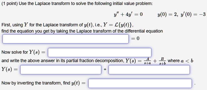 SOLVED:point) Use the Laplace transform to solve the following initial value problem: y" + 4y ...