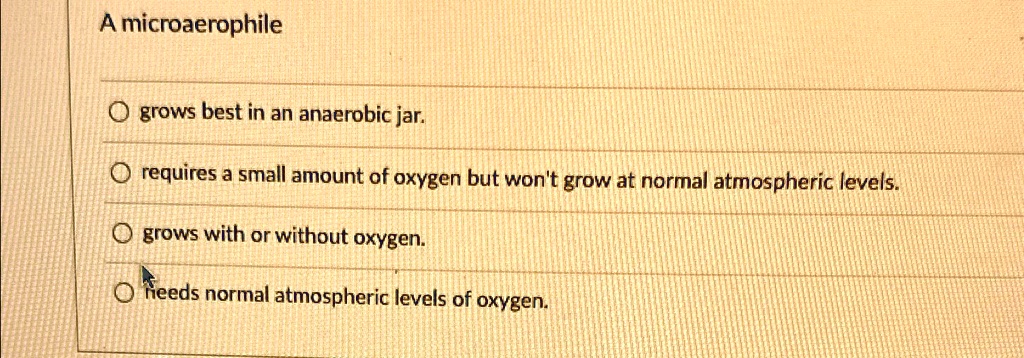 SOLVED: A microaerophile grows best in an anaerobic jar, requires a ...