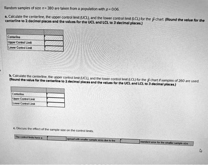 SOLVED: Random samples of size n= 380 are taken from a population with p= 0.06.a. Calculate the ...