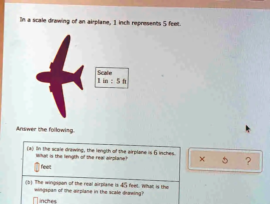 SOLVED: In a scale drawing of an airplane, 1 inch represents 5 feet ...