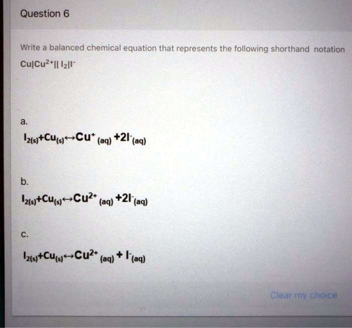 SOLVED: Question 6 Write a balanced chemical equation that represents ...