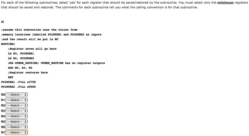 Solved For Each Of The Following Subroutines Select Yes For Each Register That Should Be