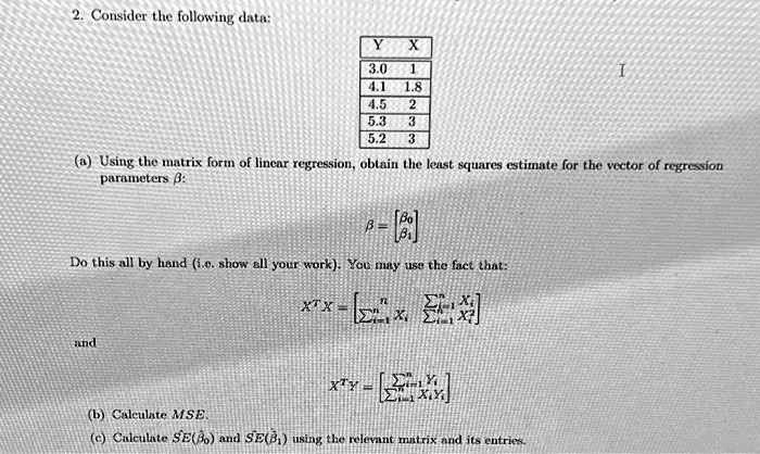 Solved 2 Consider The Following Data A Using The Matrix Form Of Linear Regression Obtain
