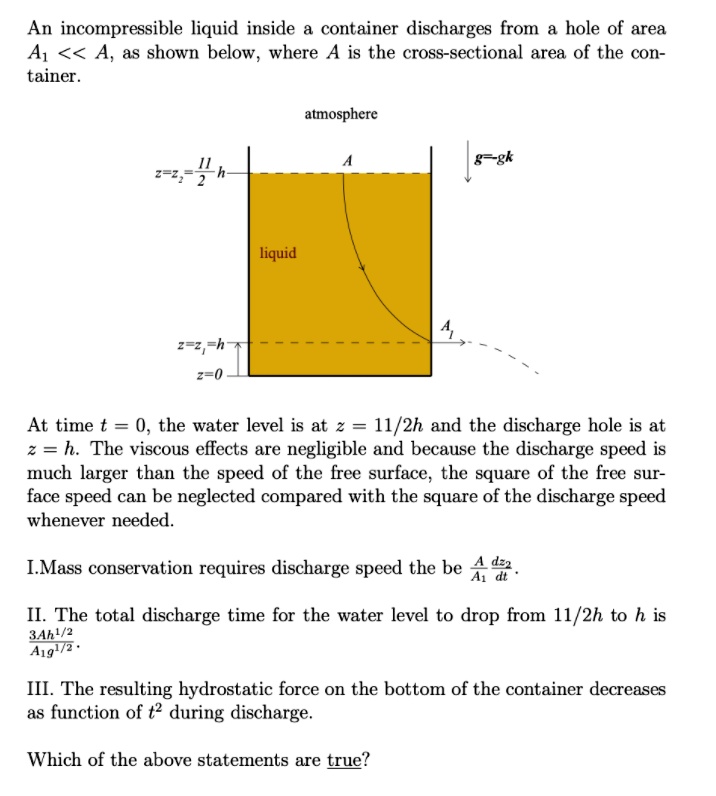 SOLVED: An incompressible liquid inside a container discharges from a ...