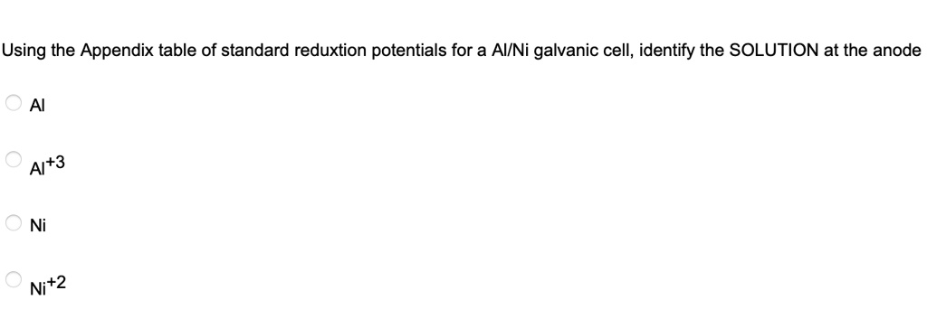SOLVED: Using the Appendix table of standard reduction potentials for an AI/Ni galvanic cell ...
